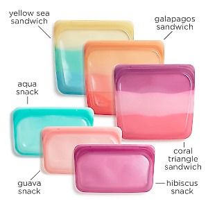 Stasher Reusable Silicone Storage Bag, Food Storage Container, Microwave and Dishwasher Safe, Leak-free, 6-Pack Lunch/Travel Bundle, Endangered Seas