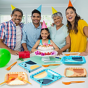 BOpusail 96Pcs Cartoon Blue and Orange Dot Party Tableware Set Disposable Dinnerware Paper Dessert Dinner Plates Napkins Plastic Forks Party Supplies for Kids Birthday Baby Shower Serves 24 Guests