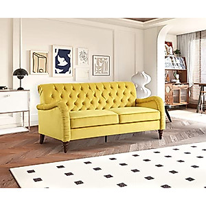 Melpomene Chesterfield-Styled 3 Seater Sofa Couch, Modern 72" Velvet Sofa with Button Tufting, Unique Arm and Wood Legs,Yellow