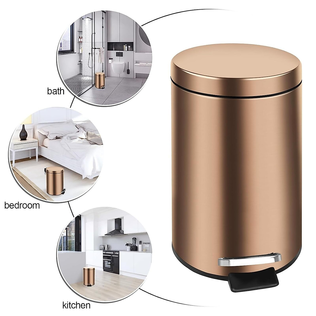 8 Liter/2.1 Gallon Round Metal Trash Can, Stainless Steel with Lid, Foot Pedal and Inner Bucket, Brushed Hands-Free Soft Close Lid Garbage Can for Kitchen, Bathroom, Bedroom
