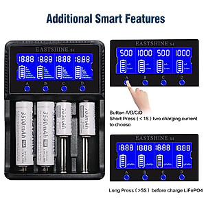 Universal Smart Battery Charger 4 Slots for Rechargeable Batteries 1.2V Ni-MH Ni-Cd AA AAA C 3.2V LiFePO4 3.7V Li-ion IMR 18650 26650 25500 16340 14500 18500 10440 18350 RCR123A LCD Display UL Listed