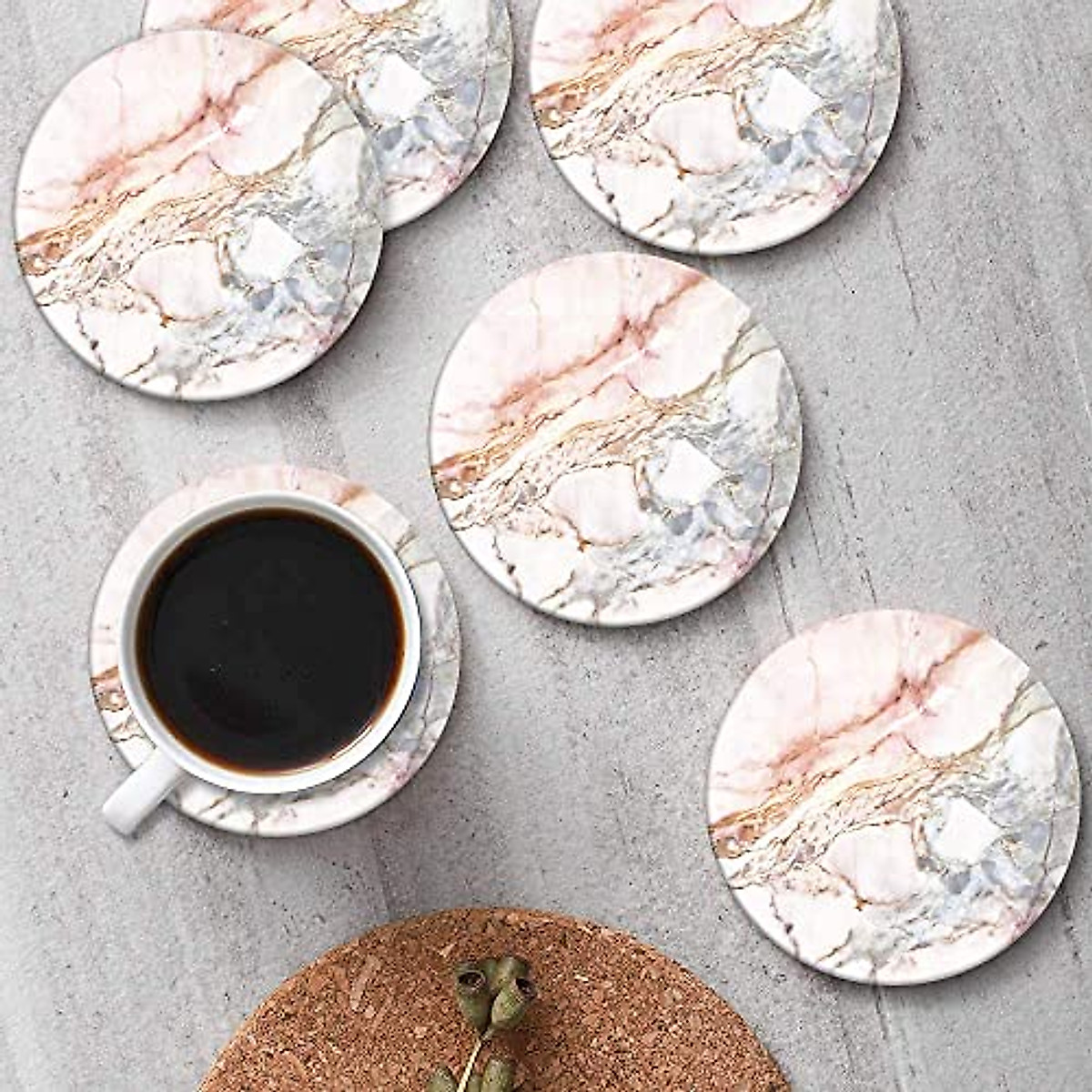 Britimes Coasters for Drinks Absorbent with Metal Holder Stand, Ceramic Stone Coaster Sets of 6, Marble Style Coaster for Coffee Wooden Table, Housewarming Gift Pink