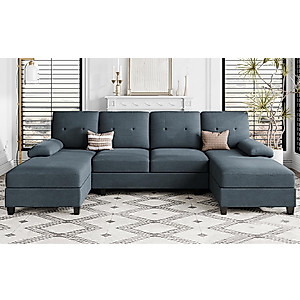 Shintenchi Sectional Couches for Living Room, U Shaped Sofa Couch with Double Chaise, 4-Seat Living Room Furniture Sets with Soft Cushion & Linen Fabric, Dark Grey