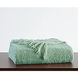 Tahari Home | James Collection | Green Solid Chenille Woven Fringe Throw, 50" x 60"