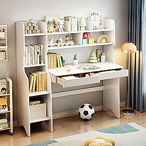 BALANBO Kids Desk Kids Table with Drawers and Bookshelf Wooden Kids Media Desk Student Learning Computer Workstation and Writing Desk (White)