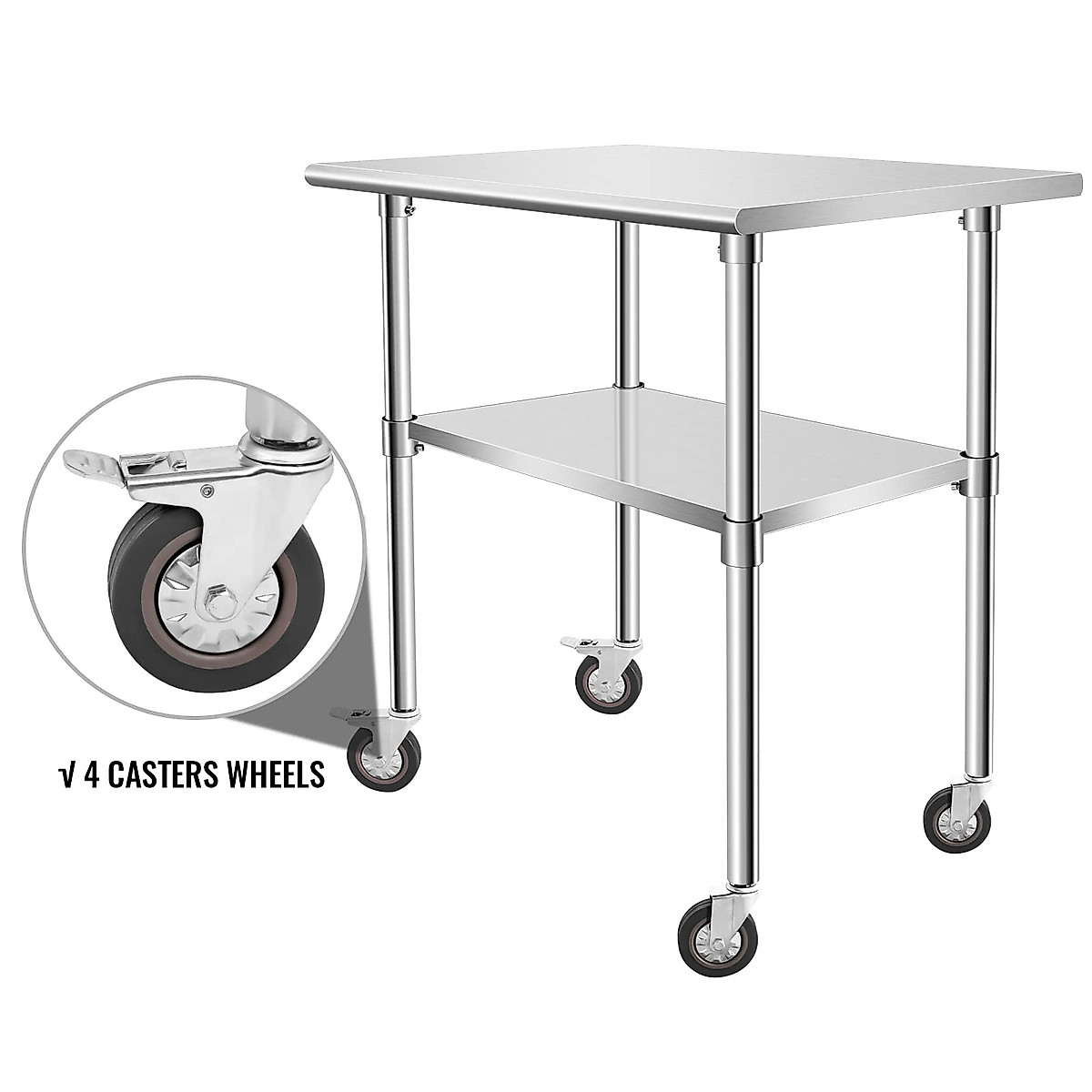KODOM Food Prep Stainless Steel Table 36'' x 24'', Heavy Duty Workbench with Adjustable Under Shelf, Commercial Worktable with 4 Casters for Commerical Kitchen, Restaurant, Home and Hotel, Silver