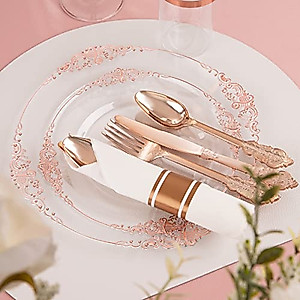 Nervure 350PCS Rose Gold Plastic Plates - Clear Rose Gold Disposable Plates for 50Guests - 50Dinner Plates, 50Dessert Plates, 150Rose Gold Silverware, 50Cups, 50Rolled Napkins for Wedding & Party