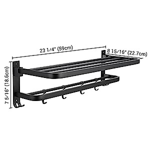 Yescom Foldable Towel Rack with Towel Hooks and Adjustable Towel Bar for Bathroom Wall Mounted 24 Inch 304 Stainless Steel Shelf Matt Black