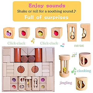 tanoshimu Baby’s First Wooden Sound Blocks，42pcs - Natural Beech Wood - Montessori Building Blocks STEM Preschool Educational Wooden Stacking Toys for 3 4 5 Year Old Boys Girls Gifts