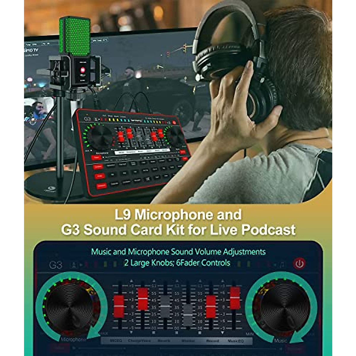 Podcast Equipment Bundle Audio Interface DJ Mixer Sound Card Kit XLR Condenser Microphone for Boradcast Live Streaming, Mic Voice Effect Changer Soundboard for Phone/PC/Laptop/Mac Recording(KB11-E300)
