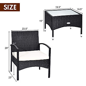 Tangkula 3 PCS Patio Wicker Rattan Furniture Set, Rattan Chair with Coffee Table, High Load Bearing Chair Conversation Sets for Patio Garden Lawn Backyard Pool (Black)