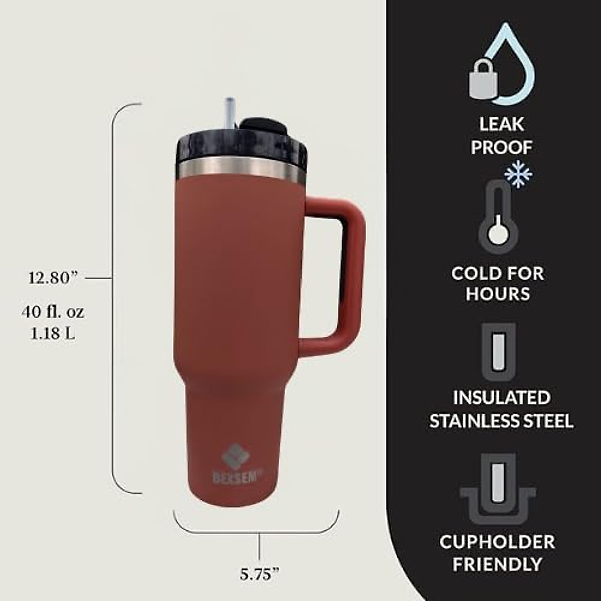 Bexsem - Stainless Steel Insulated Beer Coffee Mug Powder Coated 40oz | Tumblers with Handle | Travel-Friendly (Dark)