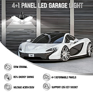 TOPAUBUB Garage Light 2 Pack 120W, 12000LM Garage Lights Ceiling LED with 4+1 Deformable Panels 6500K LED Garage Light, LED Shop Lights for Workshop, Garage, Basement Support E26/E27