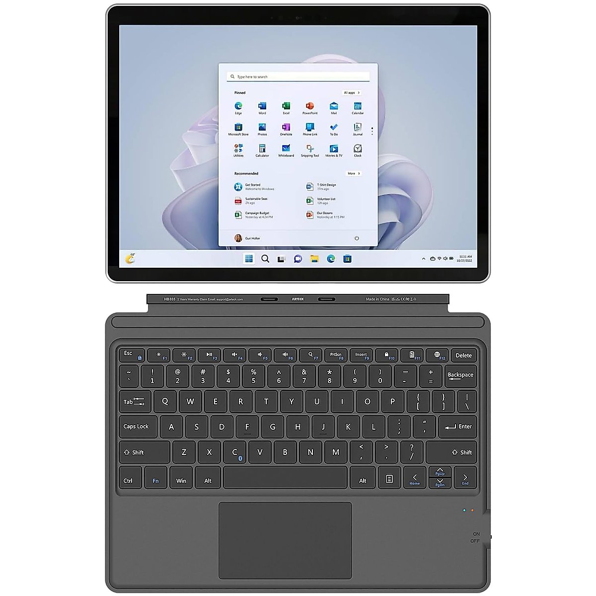 Arteck Microsoft Surface Pro Keyboard Type Cover, Ultra-Slim Portable Bluetooth Wireless Keyboard for Latest Surface Pro 10, Pro 9, Pro 8, Pro X with Touchpad Built-in Rechargeable Battery