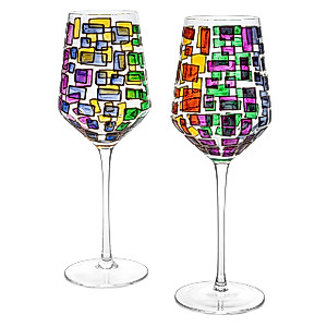 Artisanal Hand Painted Stemmed Wine Glasses - Gift for, Friends, Girlfriends, Sagrada Renaissance Stain-glassed Windows Wines Glass Set of 2 - Gift Idea for Birthday, Housewarming, Extra Large Goblets