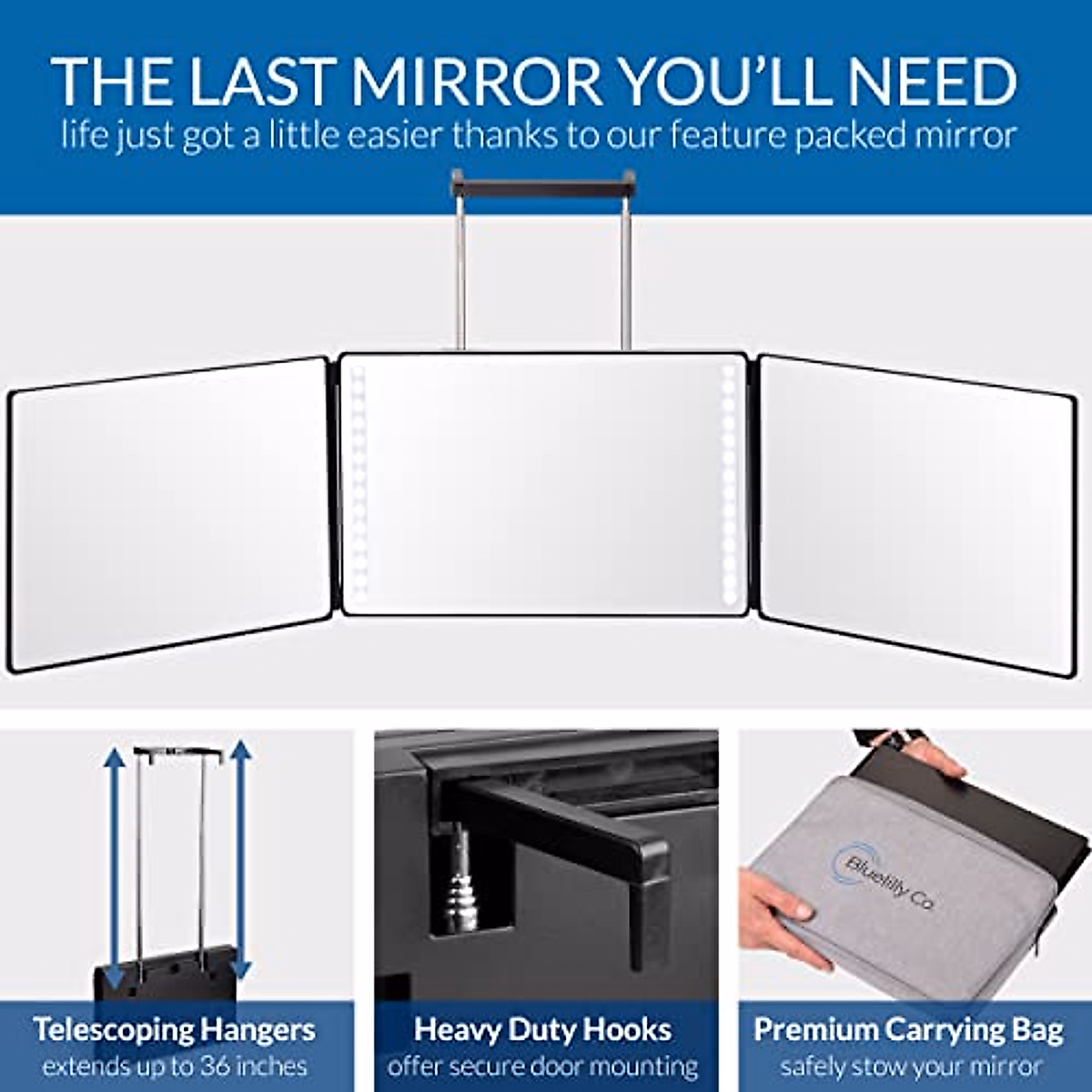 Bluelilly Co. 3 Way Mirror for Makeup & Hair Styling LED Lighted Mirror Portable 360 View Mirror for Braiding