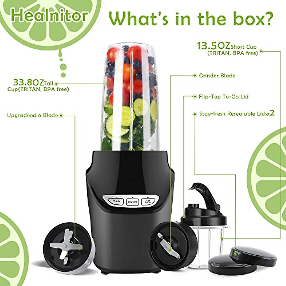 1000W Personal Bullet Blender for Shake and Smoothie, Healnitor Nutri Large Size Mixer with Blending and Grinding Blades for Kitchen, Tritan 32+15 Oz Travel Bottles for Fruits, Vegetables, Coffee, Black