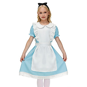 Halloween Child Girls Alice Outfit Puff Sleeve Casual Ruffle Trim Midi Dresses with Headband Blue 10 Years