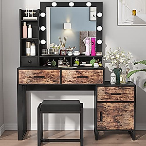 PAKASEPT Makeup Desk with Mirror and Lights, Desk and Chair, Vanity Table Set with Cushioned Stool, Shelves & Drawers, Storage Cabinet for Bedroom, Brown
