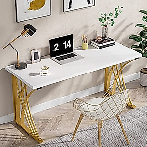 LITTLE TREE 55’’ Large Modern Computer Desk, White & Gold Luxury Laptop PC Student Table, Makeup Vanity Table with Thick Frame & Strong Legs, Sturdy Writing Workstation for Home & Office