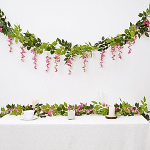 Dolicer 4Pcs 6.6Feet Artificial Flowers Silk Wisteria Garland Artificial Wisteria Vine Rattan Silk Hanging Flower for Home Garden Outdoor Ceremony Wedding Arch Floral Decor, Purplish Red