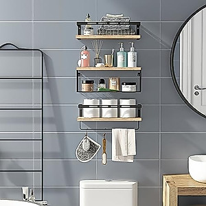 Fixwal 3+1 Tier Wall Mounted Floating Shelves with Metal Frame, Rustic Wood Bathroom Shelves Over Toilet with Wire Storage Basket and Towel Bar for Bathroom, Kitchen, Bedroom (Rustic Brown)- New