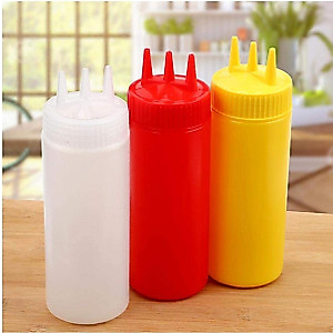 1pc 3 Hole Squeeze Bottle Condiment Dispenser for Sauce Vinegar Oil Ketchup Gravy Cruet Kitchen Accessories 360ml Red