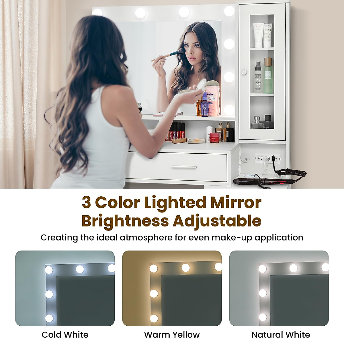 Vanity Desk with Mirror and Lights - White Vanity Table with Power Strip, 4 Drawers and Display Cabinet, 39.5'' Bedroom Makeup Desk with Nightstand and Tabletop Shelf, Brightness Adjustable