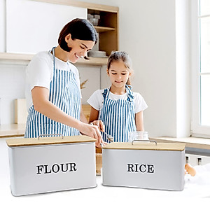 Gdfjiy Kitchen Canisters Set of 2, Metal Rice Storage Bin Flour Tin, Rustic Farmhouse Canister Jars, Food Storage Container for Rice Flour Soybean Grain Cereal-White