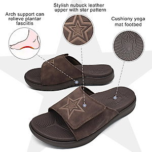 KuaiLu Mens Slides Soft Cushion Sport Sandals with Plantar Fasciitis Arch Support Adjustable Open Toe Summer Slippers Slip on Indoor Outdoor Sandalias Para Hombres, Dark Brown Size 10