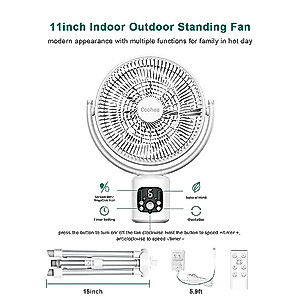 Coohea Oscillating Fan 11" Standing Fan with Detachable Tripod 12000mAh Rechargeable Battery Floor Fan Quiet White Pedestal Fan with Remote for Indoor Outdoor Home Bedroom, Adjustable Height & 6-Speed