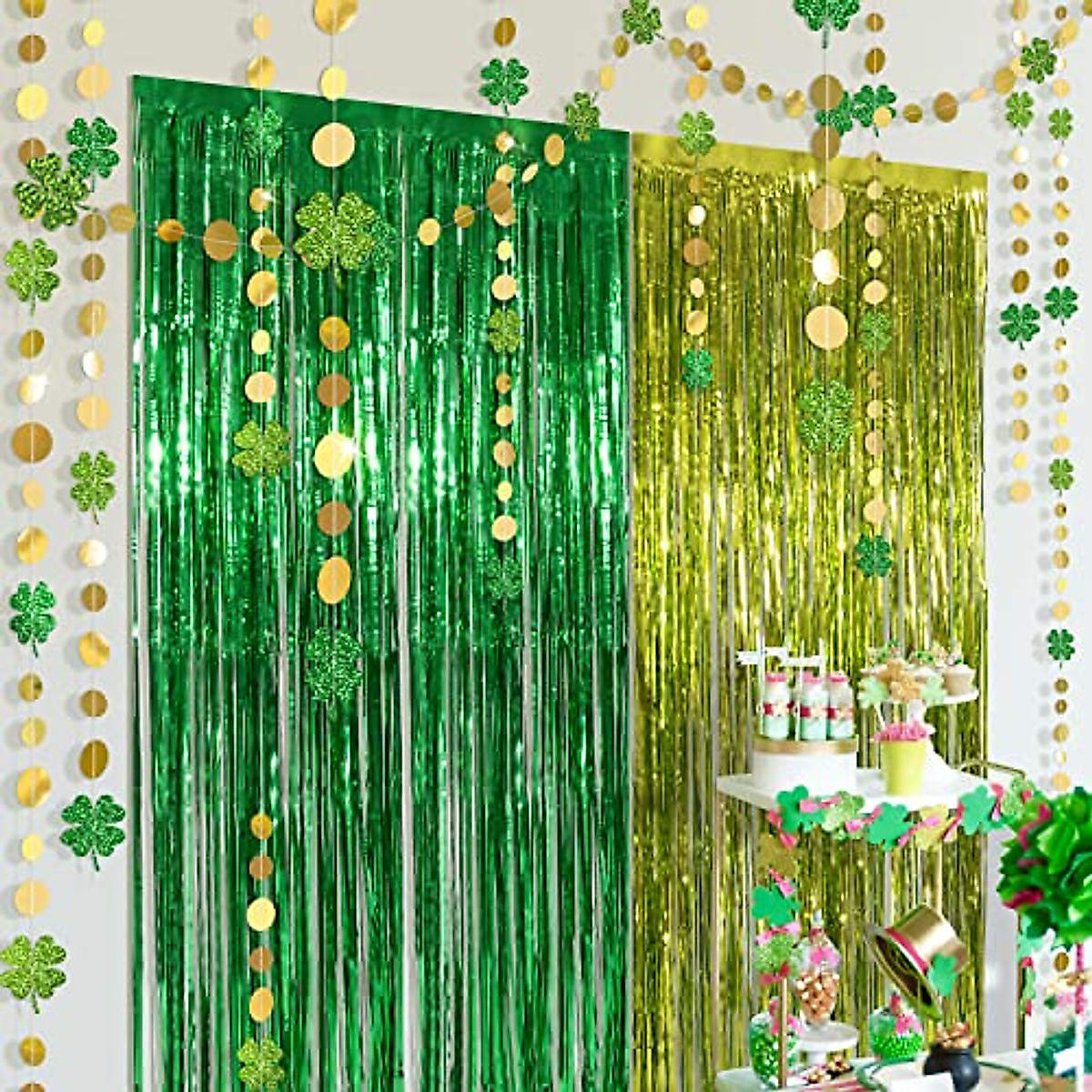 Green Gold Tinsel Foil Fringe Curtain Backdrop Shamrock Clover Garland Kit for St Patrick’s Day Decorations Irish Party Decoration Spring Wedding Engagement Birthday Party Supplies