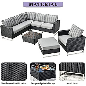 XIZZI Patio Furniture Set Outdoor Sectional Sofa 8 Pieces No Assembly Required Conversation Sets All Weather PE Rattan Wicker Couch with Coffee Table and Ottoman,Dark Grey Stripes
