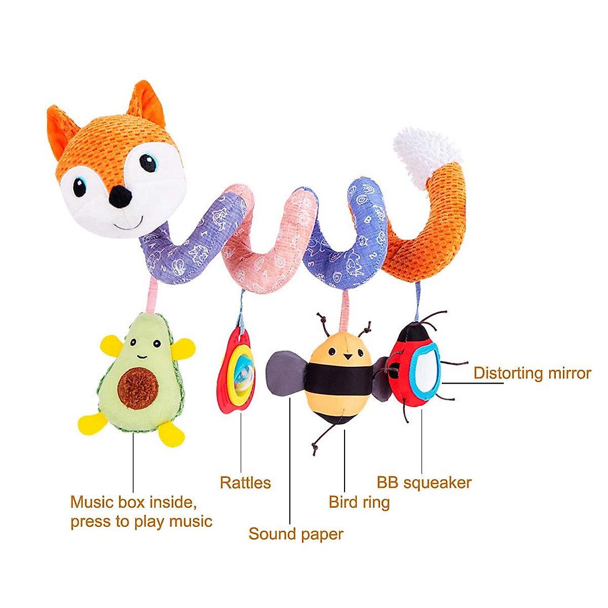 ORZIZRO Car Seat Toys, Baby Plush Spiral Hanging Toys for Stroller Crib Bar Bassinet Car Seat Mobile with Music Box BB Squeaker Rattles- Orange Fox