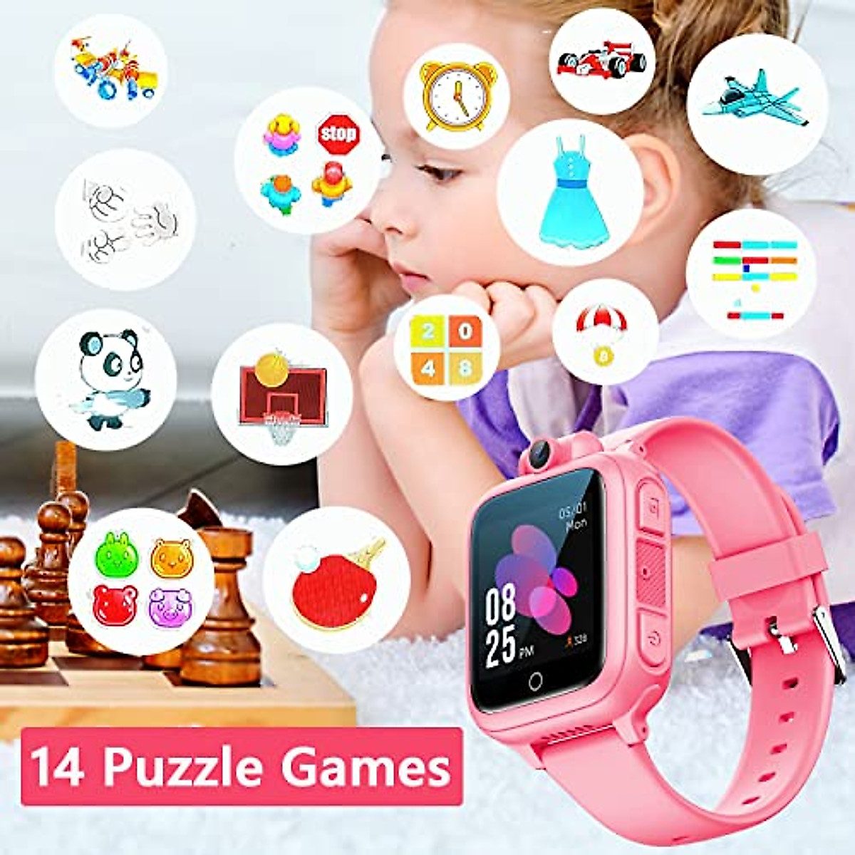 Smart watch for Girl Boy with 14 Puzzle Games MP3 Music Video Player Toddler watch Alarm Clock Camera Voice Recoder 1G SD Card Calculator Stopwatch Timer 3-12 years old watches Christmas Birthday gift