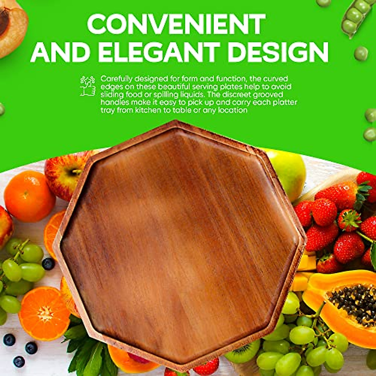 10 Inch Solid Acacia Wood Serving Platters and Trays Set of 2 Highly Durable Dishwasher Safe Octagon Party Plates Avoid Sliding and Spilling Food with Easy Carry Grooved Handle Design