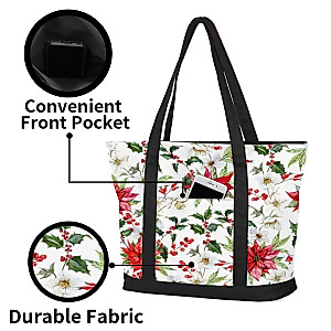 bisibuy Christmas Hellebore Flowers Poinsettia Berries Tote Bag Tote Bag for Women Reusable Grocery Shopping Cloth Bags with Zipper Large Capacity Foldable Handbag Gym Bag for Gift Activity