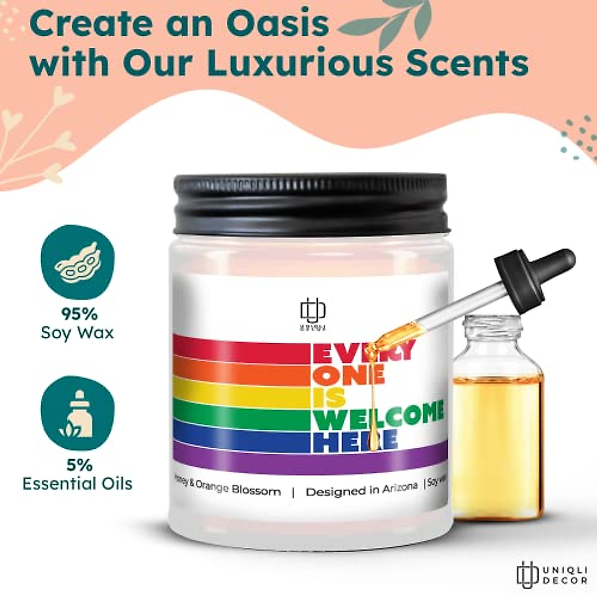 Everyone Is Welcome Here LGBTQ Candle - Diversity Decorations Honey & Orange Blossom Scented Candle, LGBTQ Merch, Gay Pride Candles for Men Women Gay Lesbian, Birthday Rainbow Candles, Unique Gifts