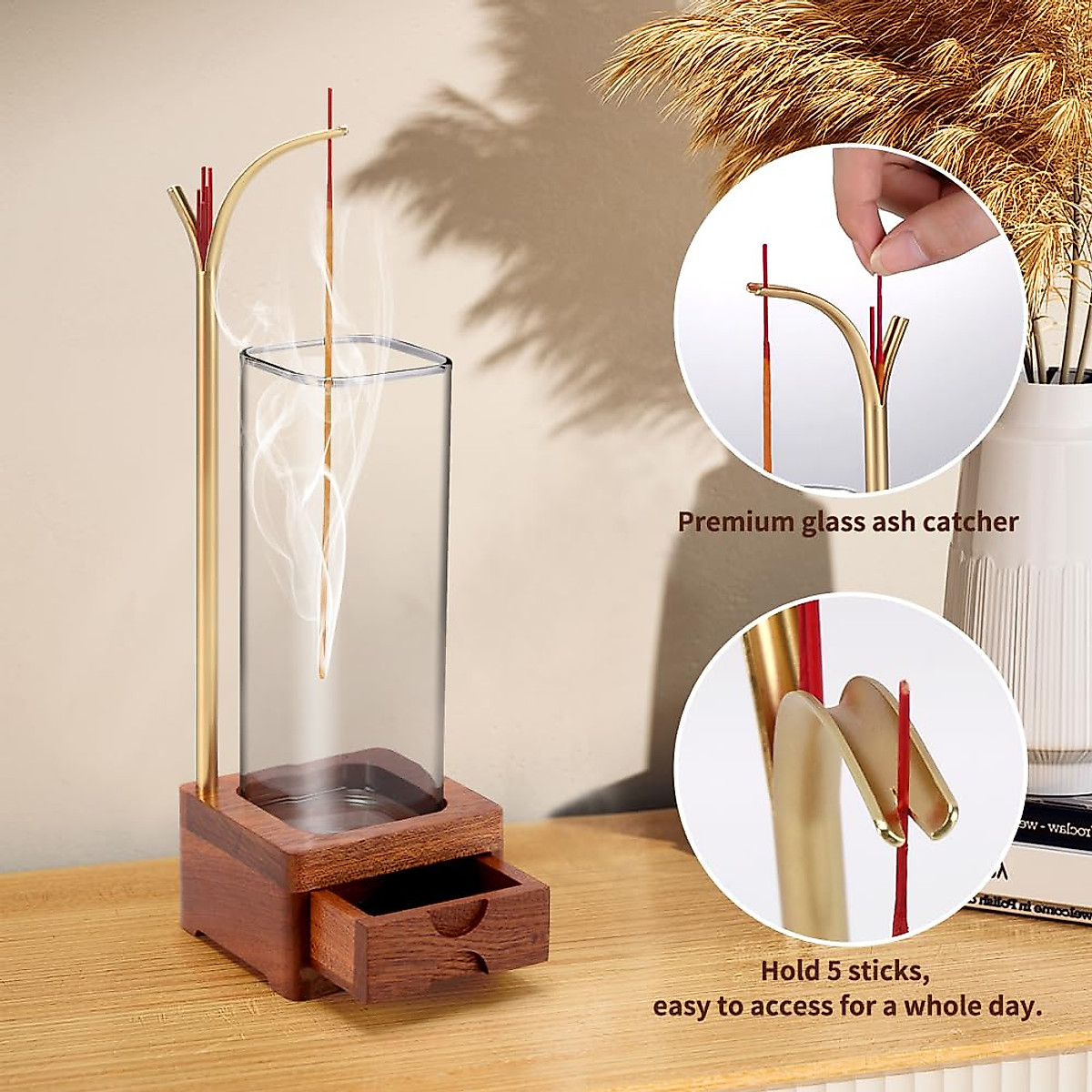 Eniffbaa Incense Burner Upgraded Incense Holder for Sticks [Anti-Ash Flying] with Removable Glass Ash Catcher Stick Storage Upgraded Incense stick Holder with Drawer Ornament Home Decor