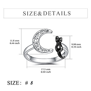 CRMAD Cat Ring Sterling Silver Black Cat on the Celtic Moon Ring Gifts for Women(8, silver)