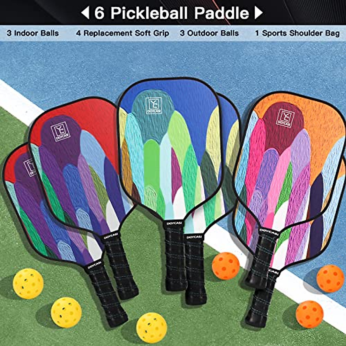 Graphite Pickleball Paddles Set of 6, 2024 USAPA Approved, 2 Kids & 4 Adult Paddles, Fiberglass Surface (CHS), Polypropylene Lightweight Honeycomb Core, 6 Pickleball, 4 Replacement Soft Grip + Bag