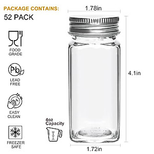 Datttcc 52 Pack Glass Spice Jars,Reusable Clear 4 OZ Square Seasoning Containers with Silver Metal Caps and Pour/Sift Shaker Lids Spice Jars with Labels and Funnel Sets for Cabinet,Kitchen Pantry