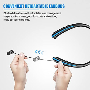 Bluetooth Headphones Retractable, Wireless Neckband Headset with Sweatproof Stereo Earbuds CVC 8.0 Noise Cancelling Call Vibrate Alert Earphones (Blue)