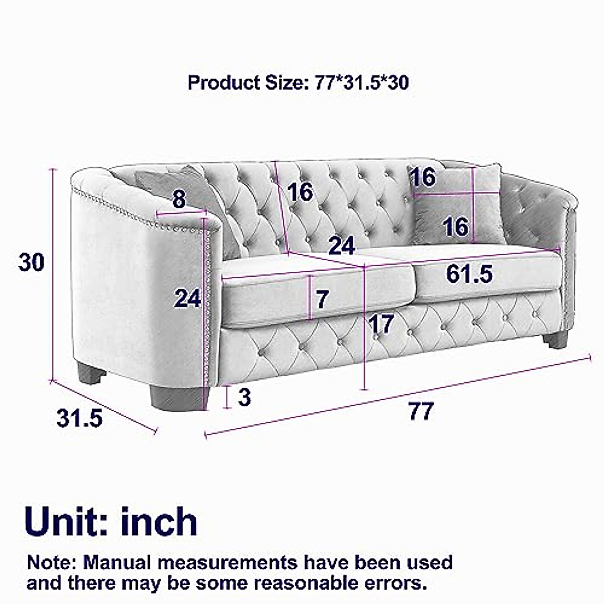 EMKK 77" Chesterfield Velvet Sofa, 3-Seater Upholstered Couches Tufted Backrests with Nailhead Arms and 2 Cushions for Living Room, Bedroom, Apartment, Office, G-Beige