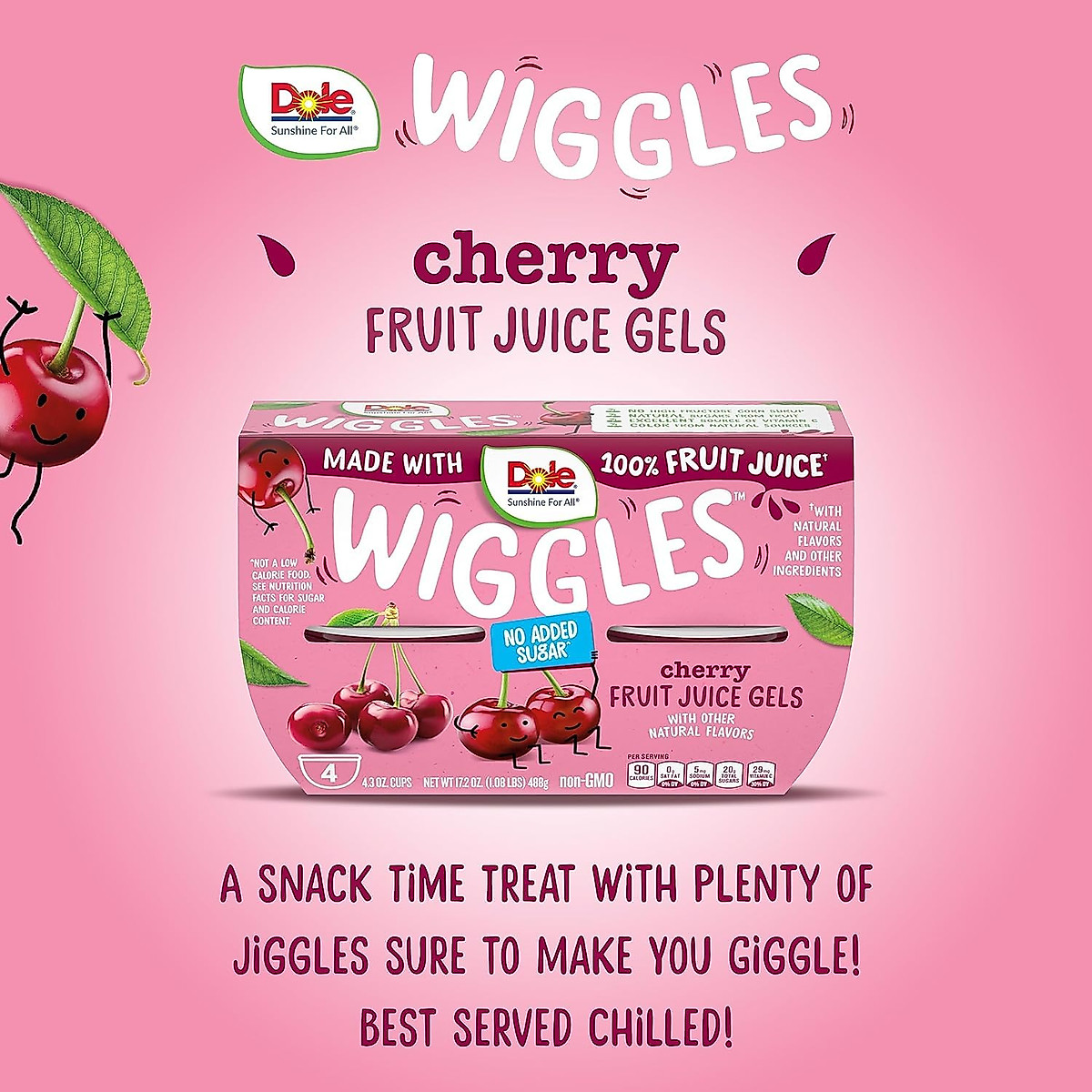 Dole Wiggles No Sugar Added Cherry Fruit Juice Gel Snacks, 4.3oz 24 Total Cups, Gluten & Dairy Free, Bulk Lunch Snacks for Kids & Adults