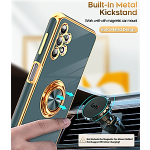 LeYi for Samsung Galaxy A32 5G Case with Tempered Glass Screen Protector [2 Pack] 360° Rotatable Ring Holder Magnetic Kickstand, Plating Rose Gold Edge Protective Case, Grey