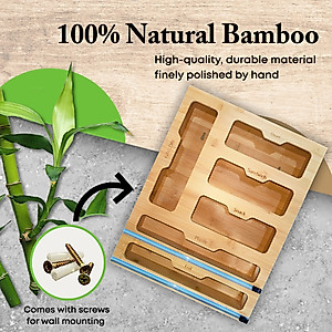 Bamboo 6 in 1 Food Storage Bag Organizer for Kitchen Drawer Baggie Container Dispenser Food Storage Bag Holder for Sandwich - Nuts, Cookies & Snack Variety Size Bags, Compatible with Ziploc,Gallon