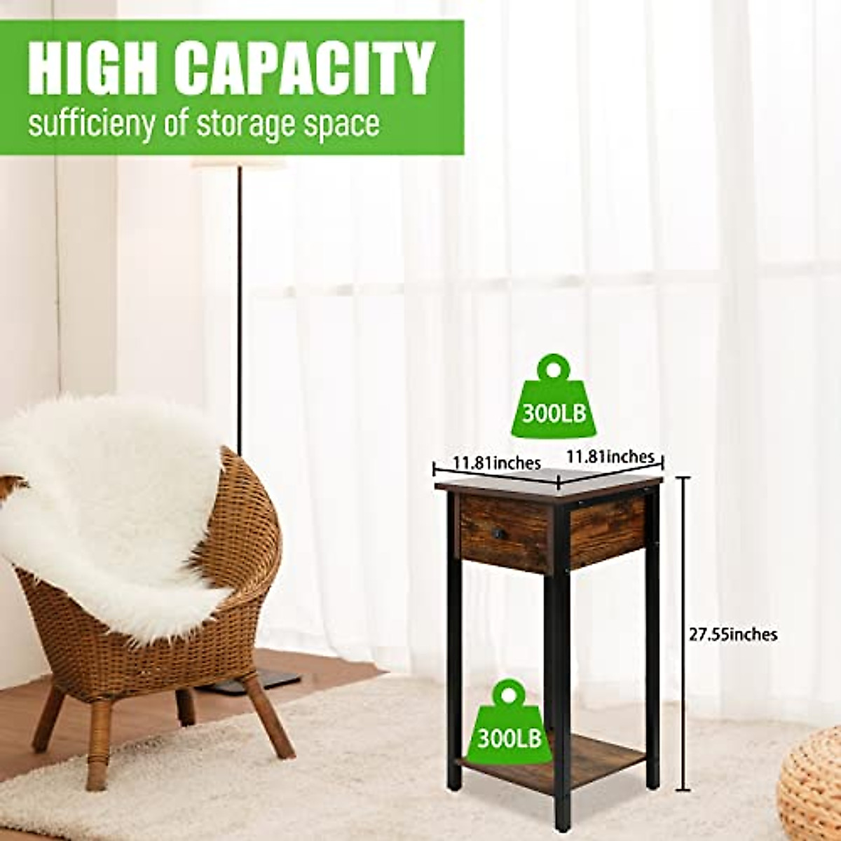 ECOMEX 2-Tier Nightstand Side Table with Wooden Drawer and Open Wooden Shelf Solid Metal Legs Rustic Brown Industrial Wooden Bed Side Table for Bedroom Living Room Small Space, Tall