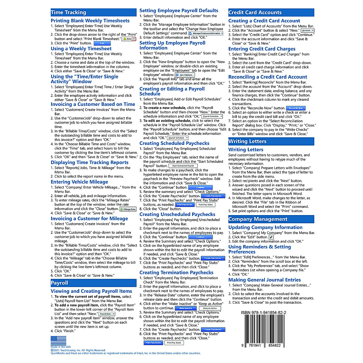 QuickBooks Desktop Pro 2022 Quick Reference Training Card - Laminated Tutorial Guide Cheat Sheet (Instructions and Tips)