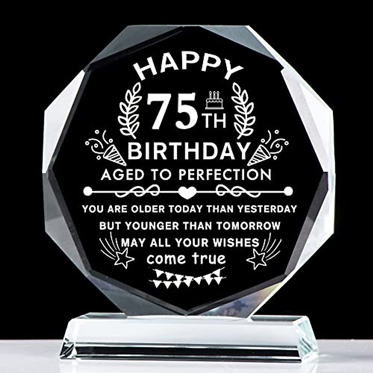 YWHL 75th Birthday Gifts for Women Men Unique 75 Years Old Happy Birthday Gifts for Grandparents Friends Laser Engraving 75th Birthday Glass Plaque Keepsake for Parents Aged to Perfection